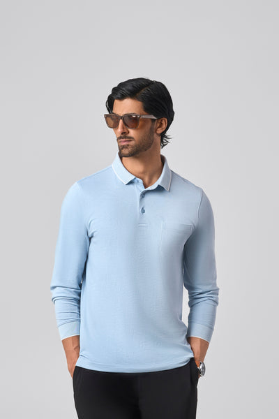 Vintage Full Sleeve Polo - Azure Blue – goodomen.in